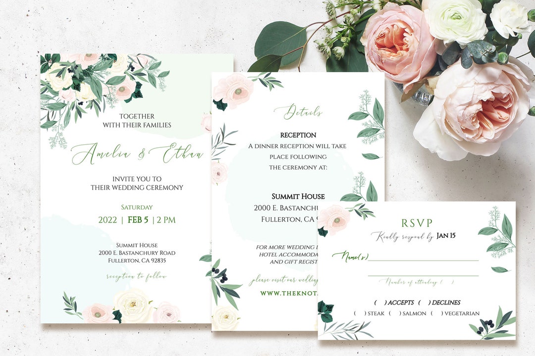 Green and Peach Wedding Invitation Set, Wedding Invitation, Details ...