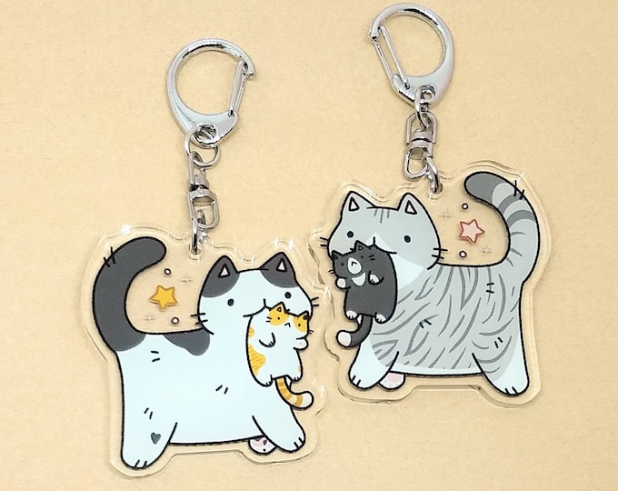 Mom Cat With Kitten Keychain Cute Kitty Cat Keyring Double Sided ...