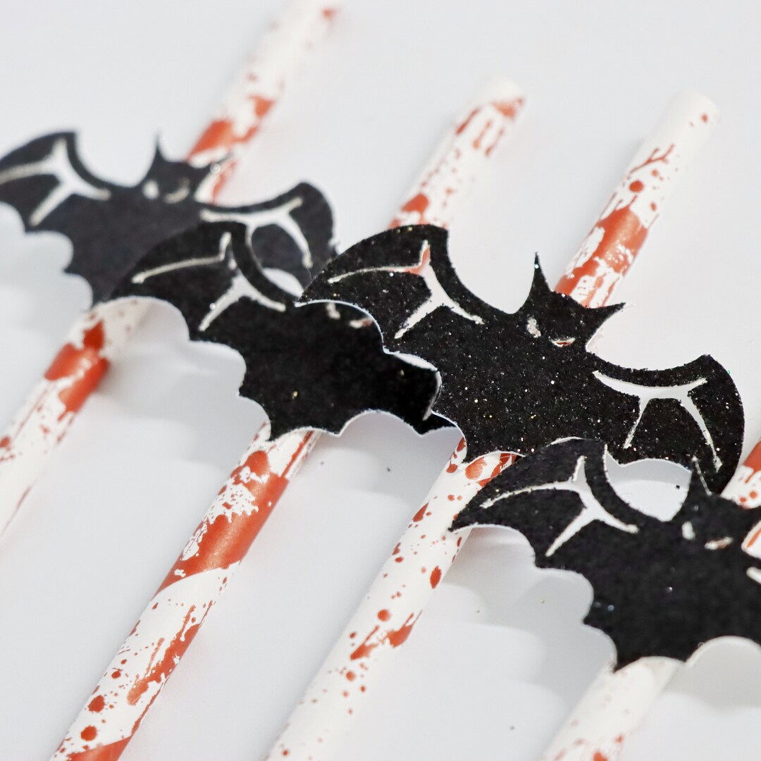 Spooky Bat Halloween Straw Toppers, Black Glitter Bats for Halloween ...