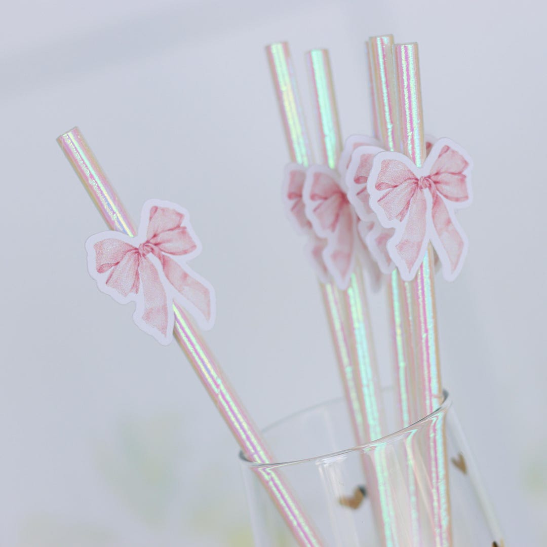 Pink Coquette Bow Iridescent Straws, Ribbon Decorations for Bridal ...