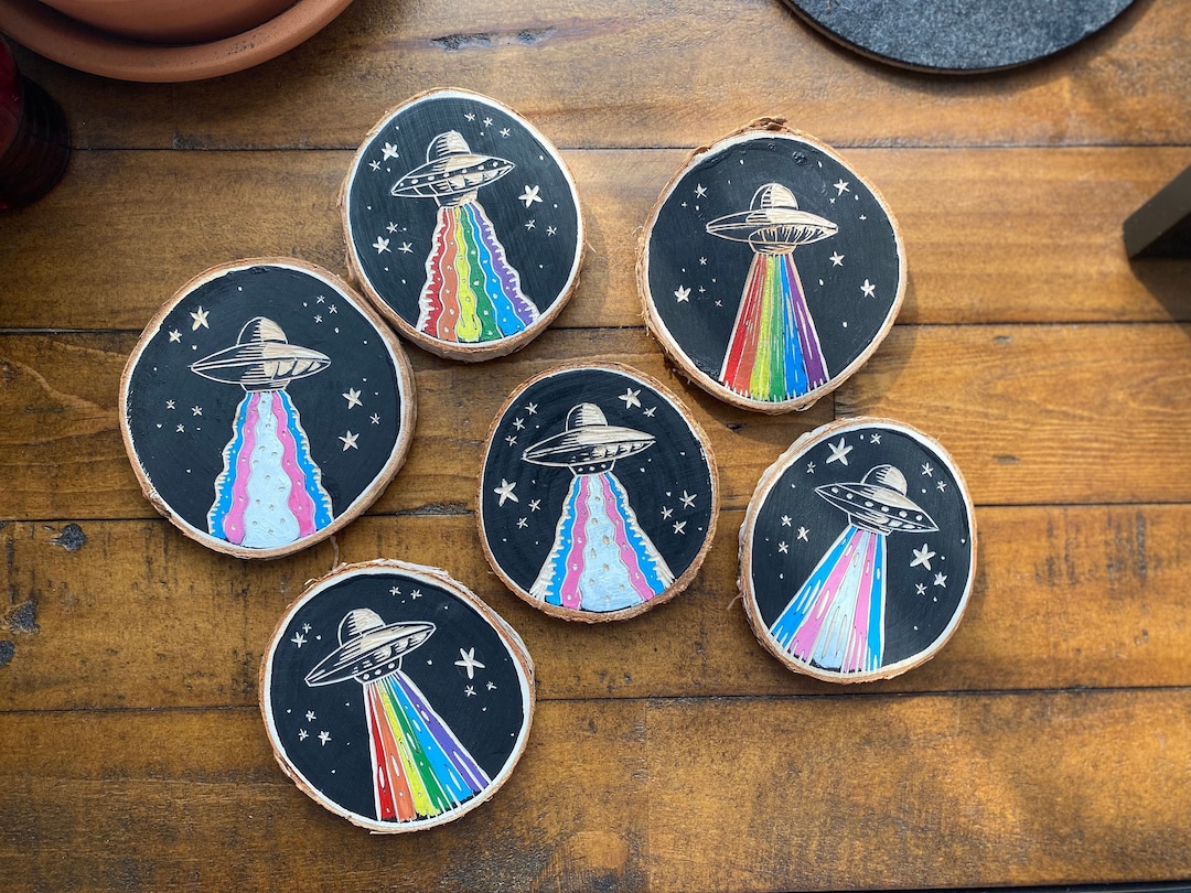 Queer UFO Woodcut Wall Hanging | Hand Carved Birch Round | LGBTQ Gay ...