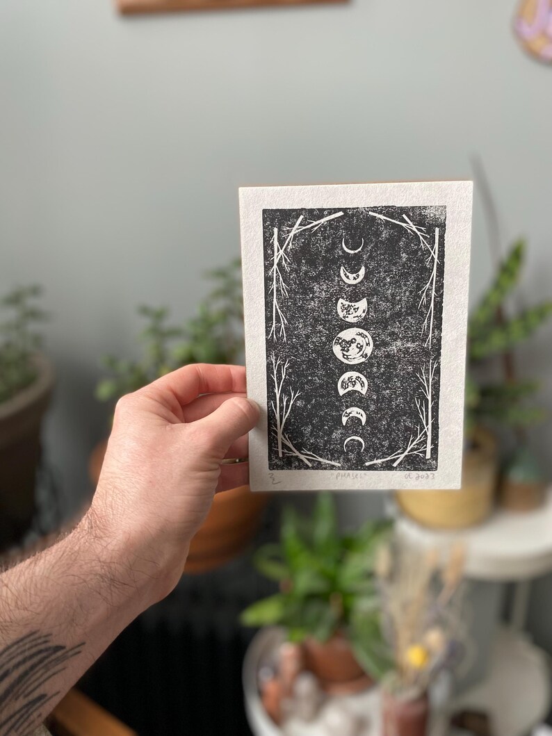 Phases | Original Linocut Print | Moon Art | Celestial Witch Lunar ...