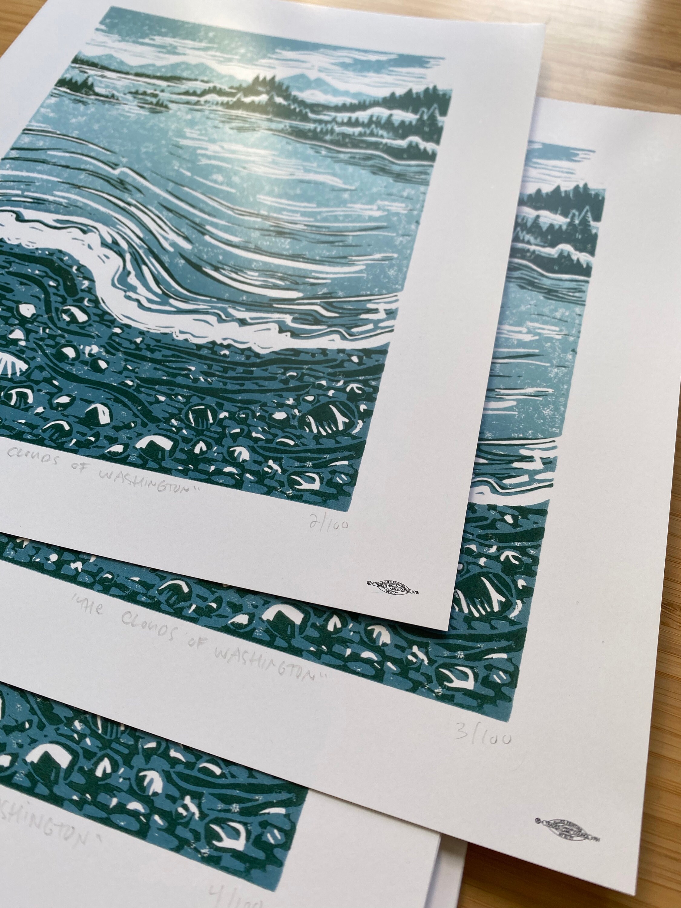 The Clouds in Washington | Linocut Reproduction Print | Puget Sound PNW ...