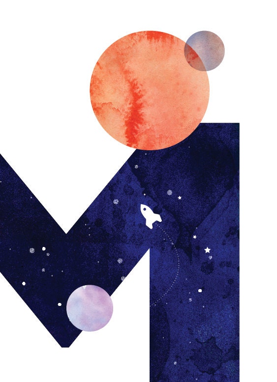 Childrens Name / Initial Print Vintage Space Rocket Planet - Etsy