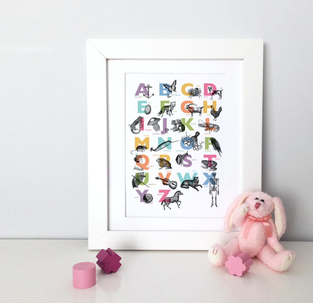 Vintage Alphabet Print, Childrens ABC Print, Pastel Wall Art, Animal ...