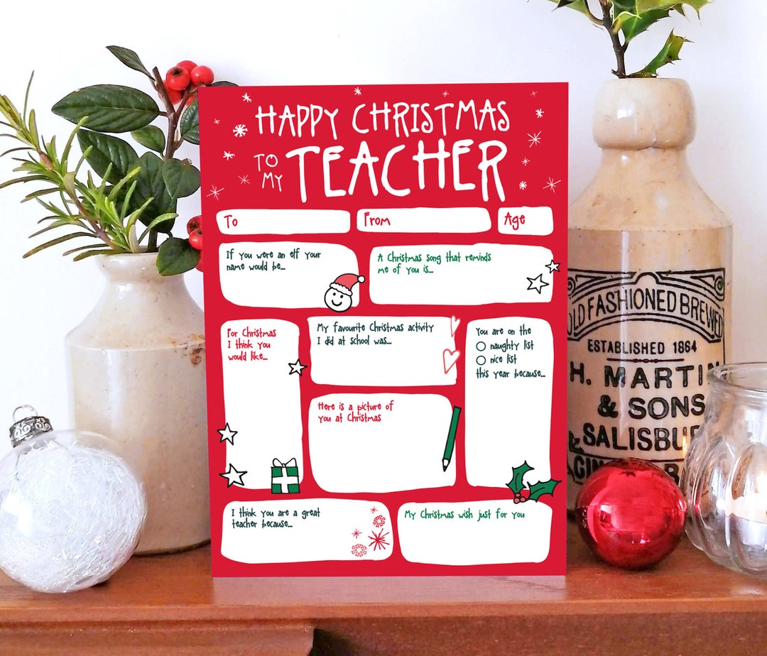 Teacher Christmas Card - DIY Keepsake Cute Questions & Answer Interview ...
