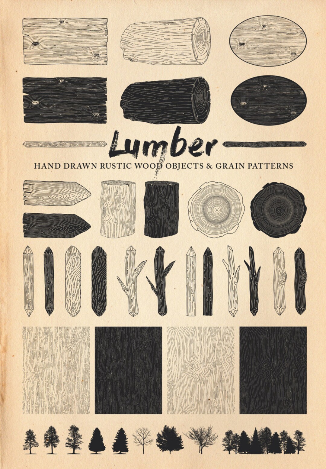 Hand Drawn Lumberjack Clipart, Wood Texture Clipart, Tree Clipart ...