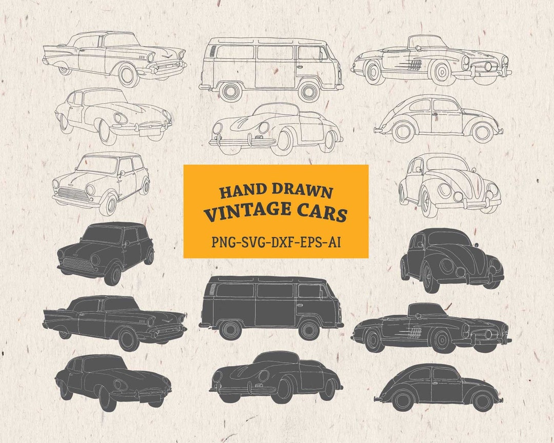 Vintage Car Clipart – Classic Car Line Drawing PNG SVG Bundle (digital ...