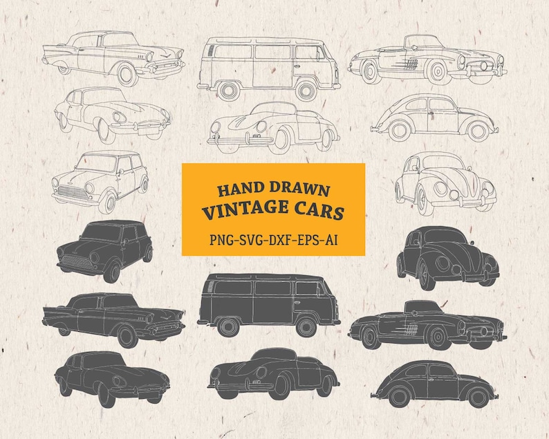 Vintage Car Clipart – Classic Car Line Drawing PNG SVG Bundle (digital ...