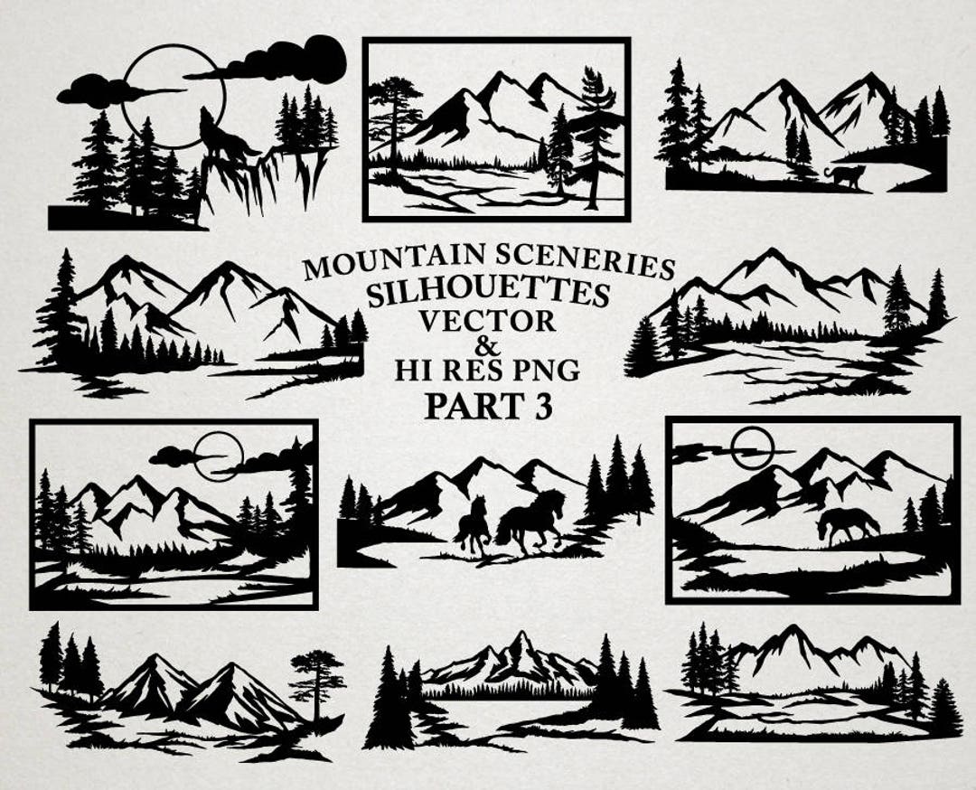 Hand Drawn Mountain Scenery Clipart, Mountain Scenery Silhouette ...