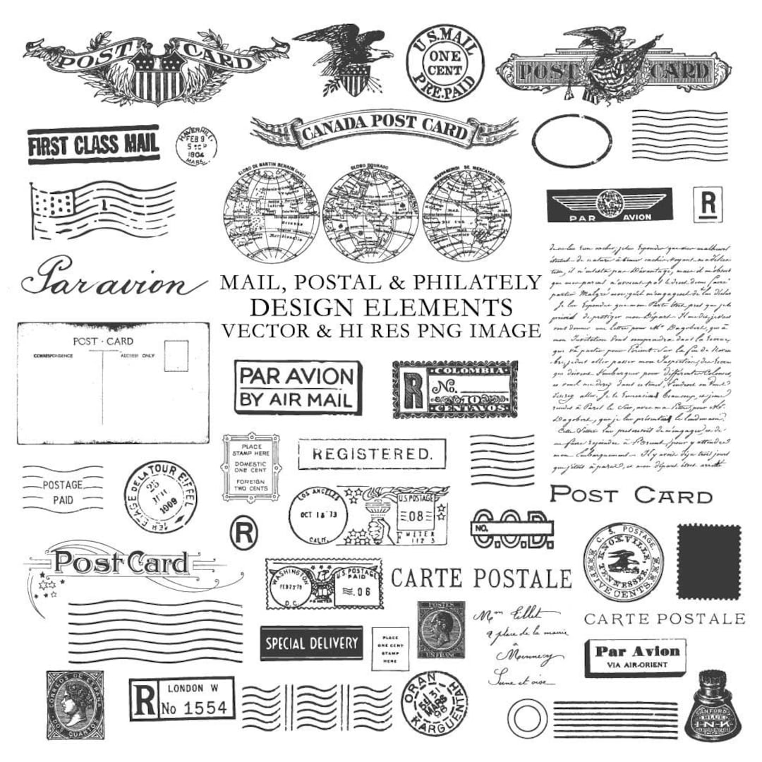 Mail Clipart, Vintage Postage Stamps, PNG Vector EPS (digital Download ...