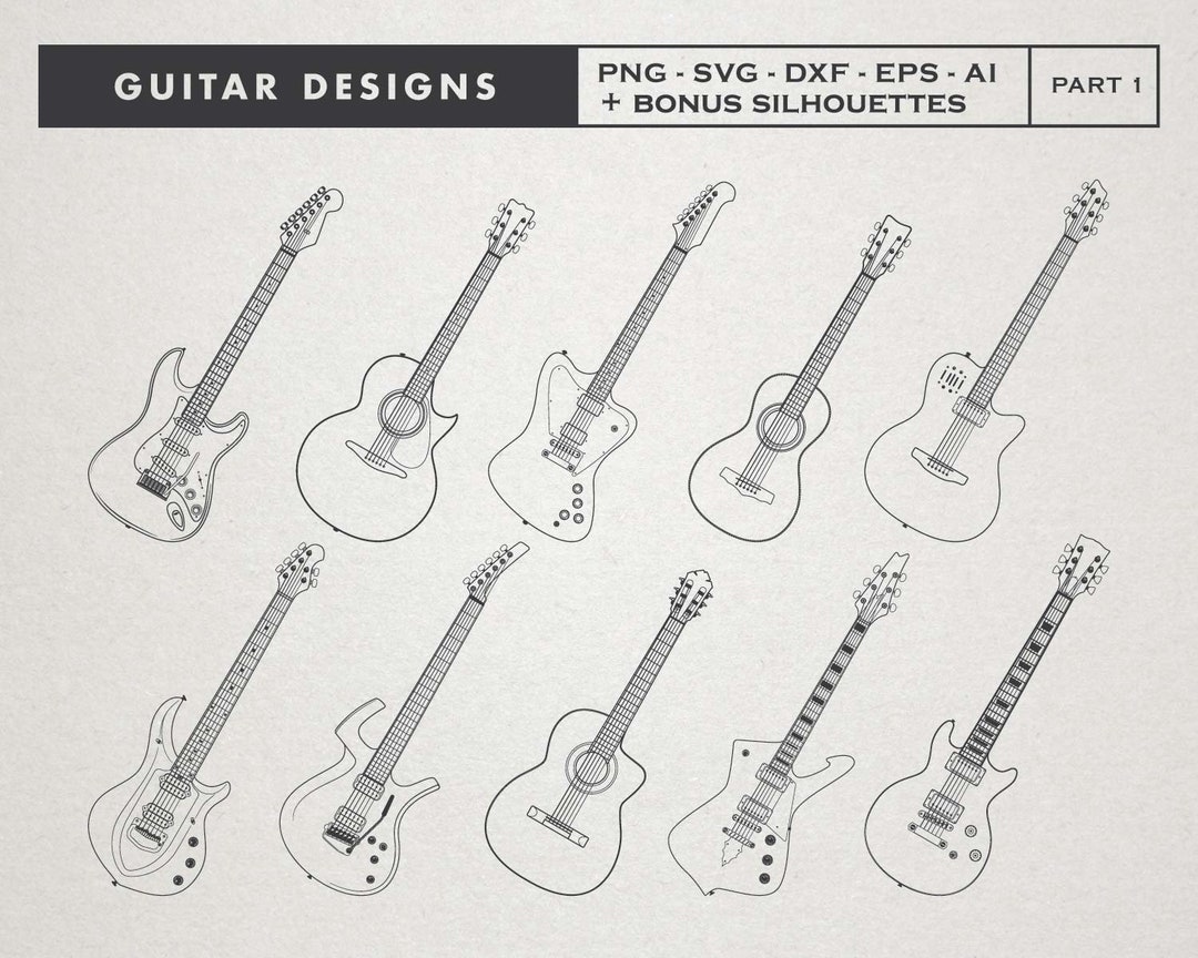 Guitar Cut Files Bundle: Electric & Acoustic Guitar Clipart PNG, Vector SVG, DXF Digital ...