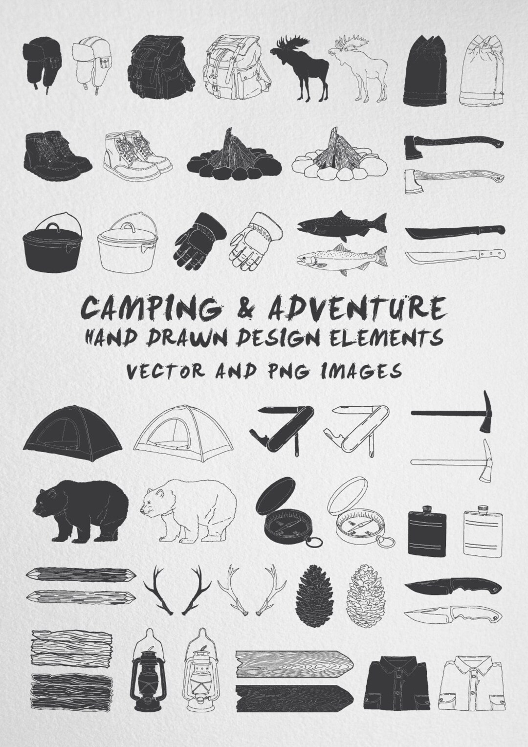 Hand Drawn Camping Clipart, Nature Rustic Hunting Wilderness Lumberjack ...