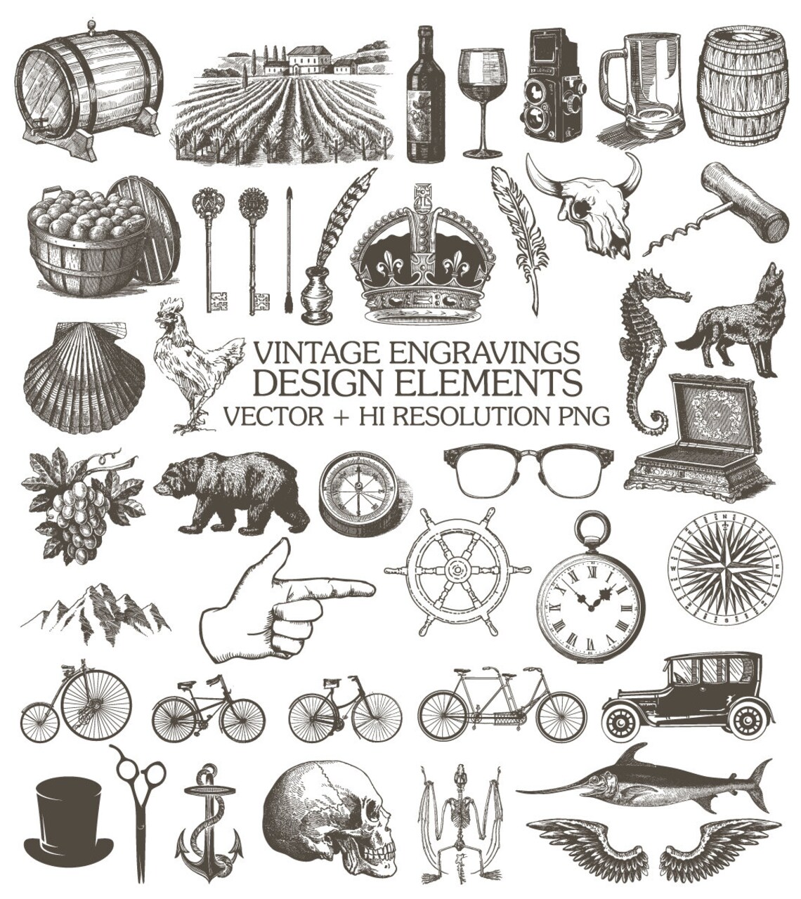 Hand Drawn Illustration Clipart Pack Vintage Rustic Hand | Etsy