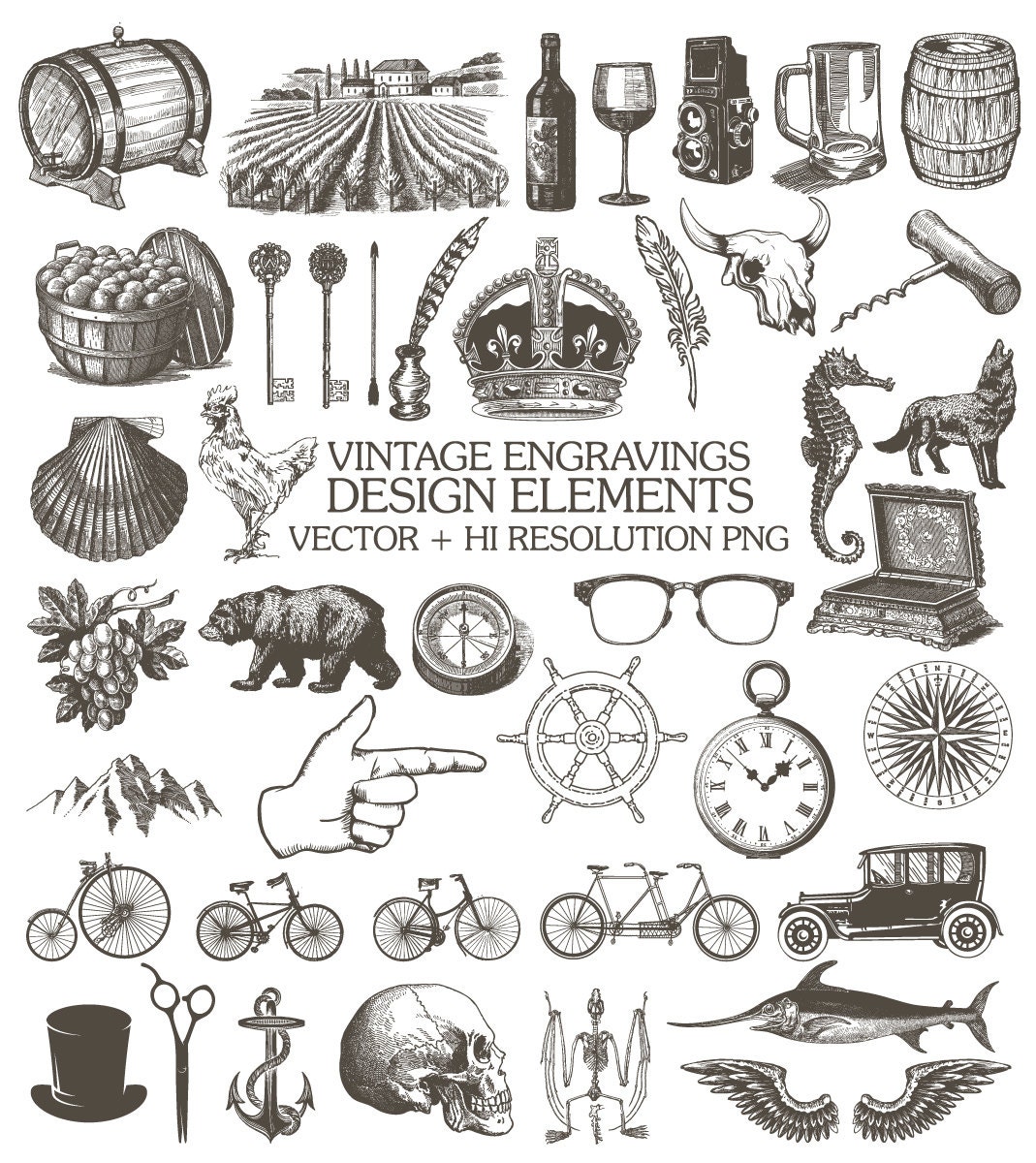 Hand Drawn Illustration Clipart Pack Vintage Rustic Hand | Etsy