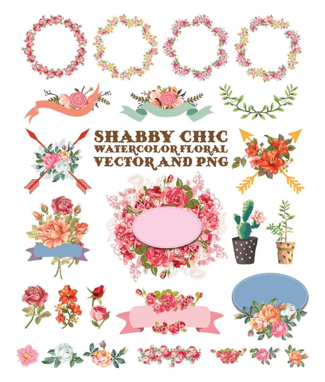 Shabby Chic Floral Clipart, Watercolor Flower Laurel and Wreath Clipart ...
