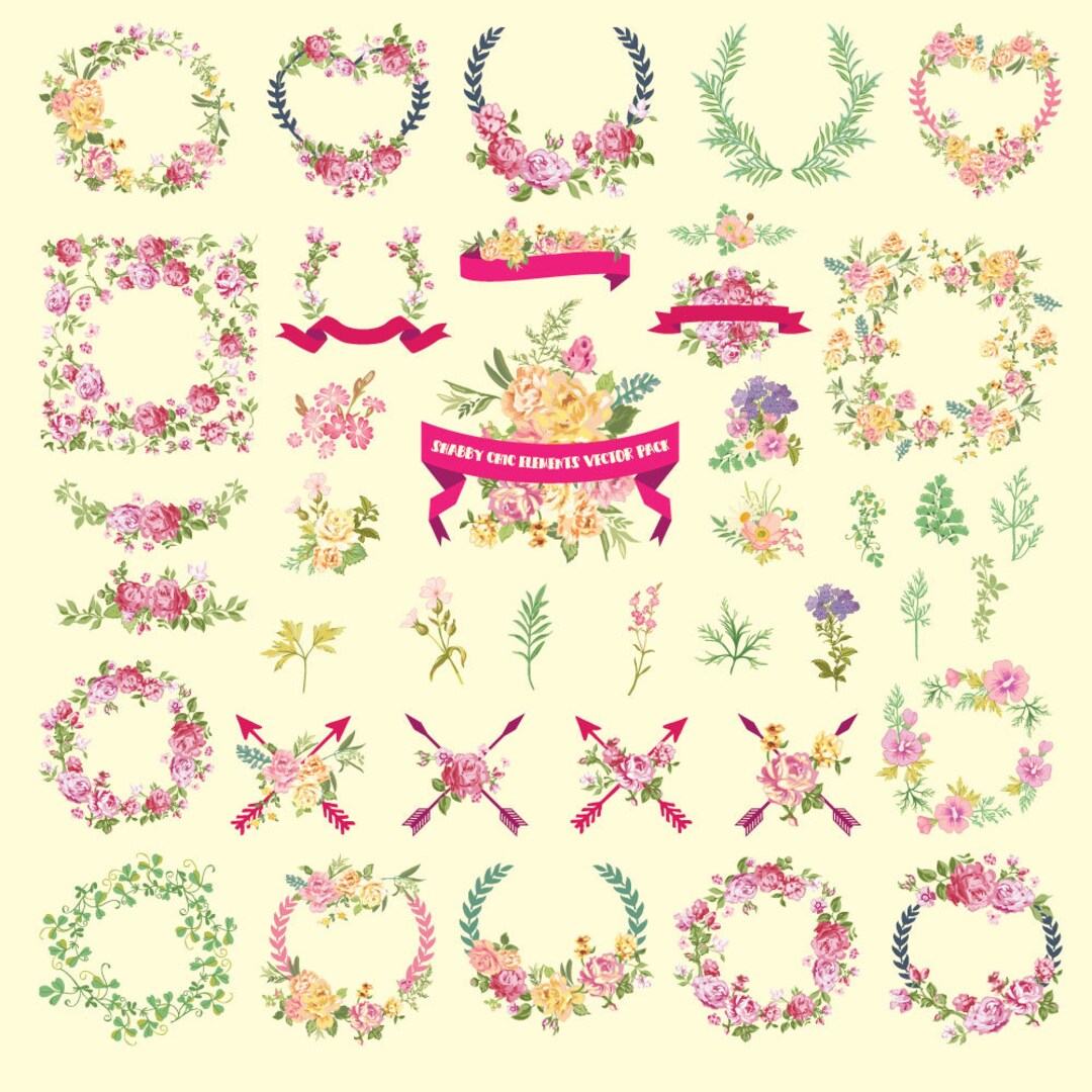 Shabby Chic Floral Clipart, Watercolor Flower Laurel and Wreath Clipart ...