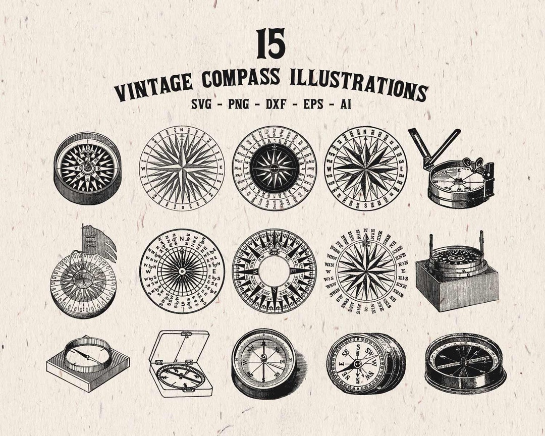 Vintage Compass Illustration SVG PNG Clipart - Antique Compass Drawing ...