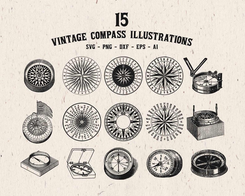 Vintage Compass Illustration SVG PNG Clipart - Antique Compass Drawing ...