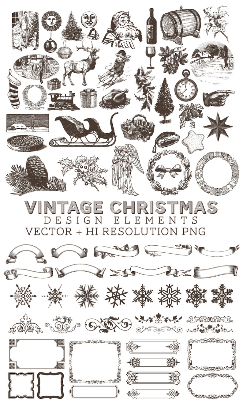 Retro Vintage Christmas Illustrations Clipart Clip Art PNG & - Etsy