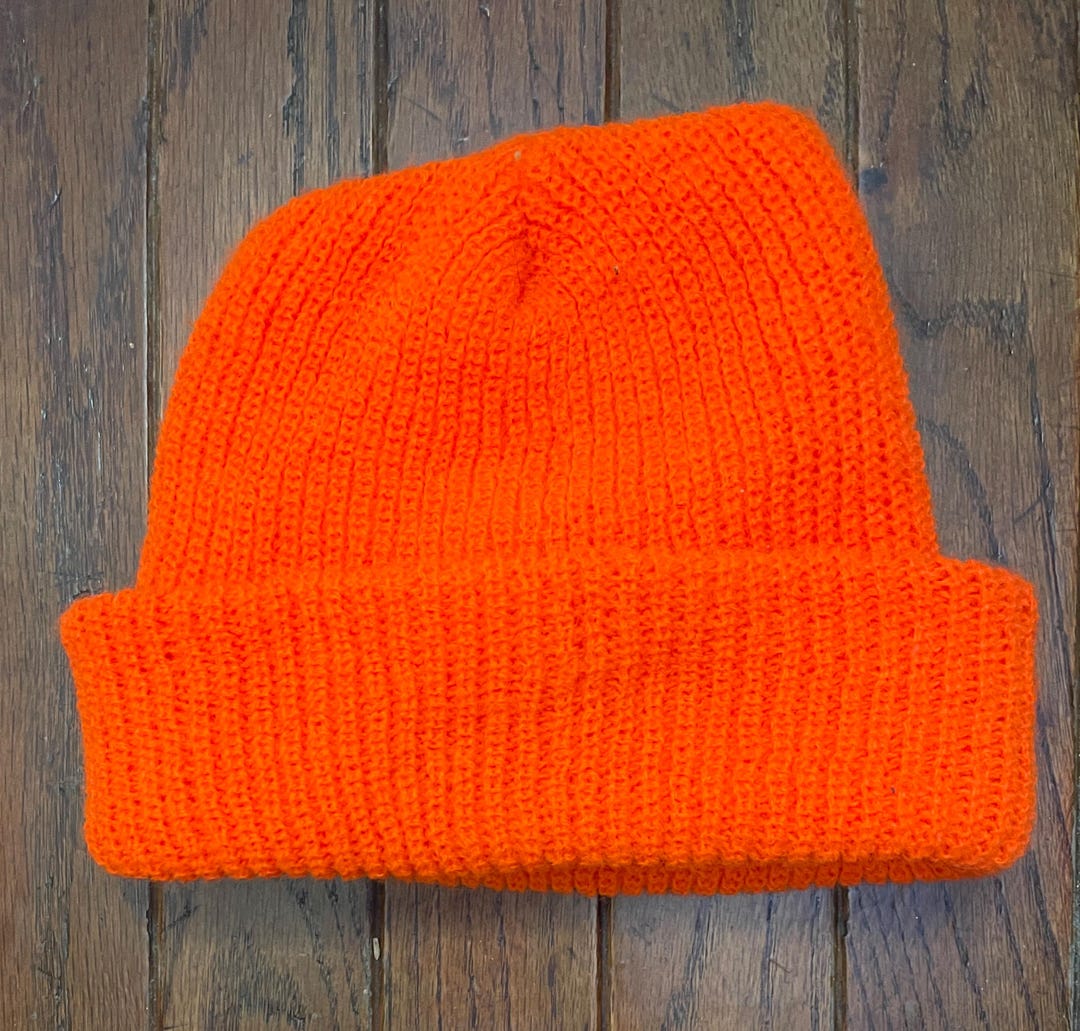 Vintage Blank Blaze Orange Deer Hunting Pom Beanie Knit Ski Warm Winter ...