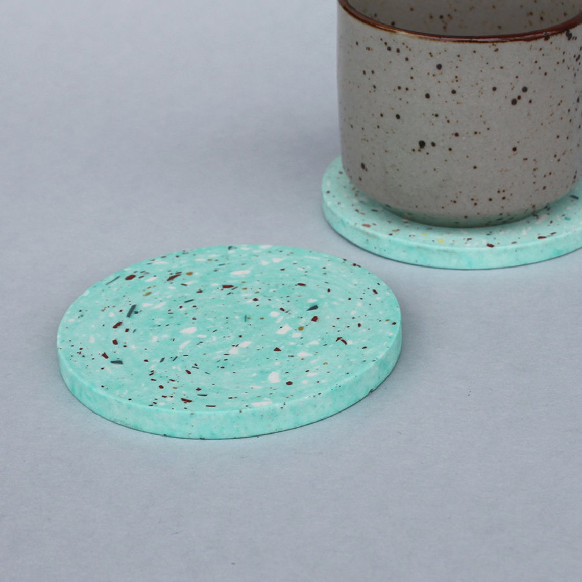 Two terrazzo coasters in turquoise coaster modern | Etsy