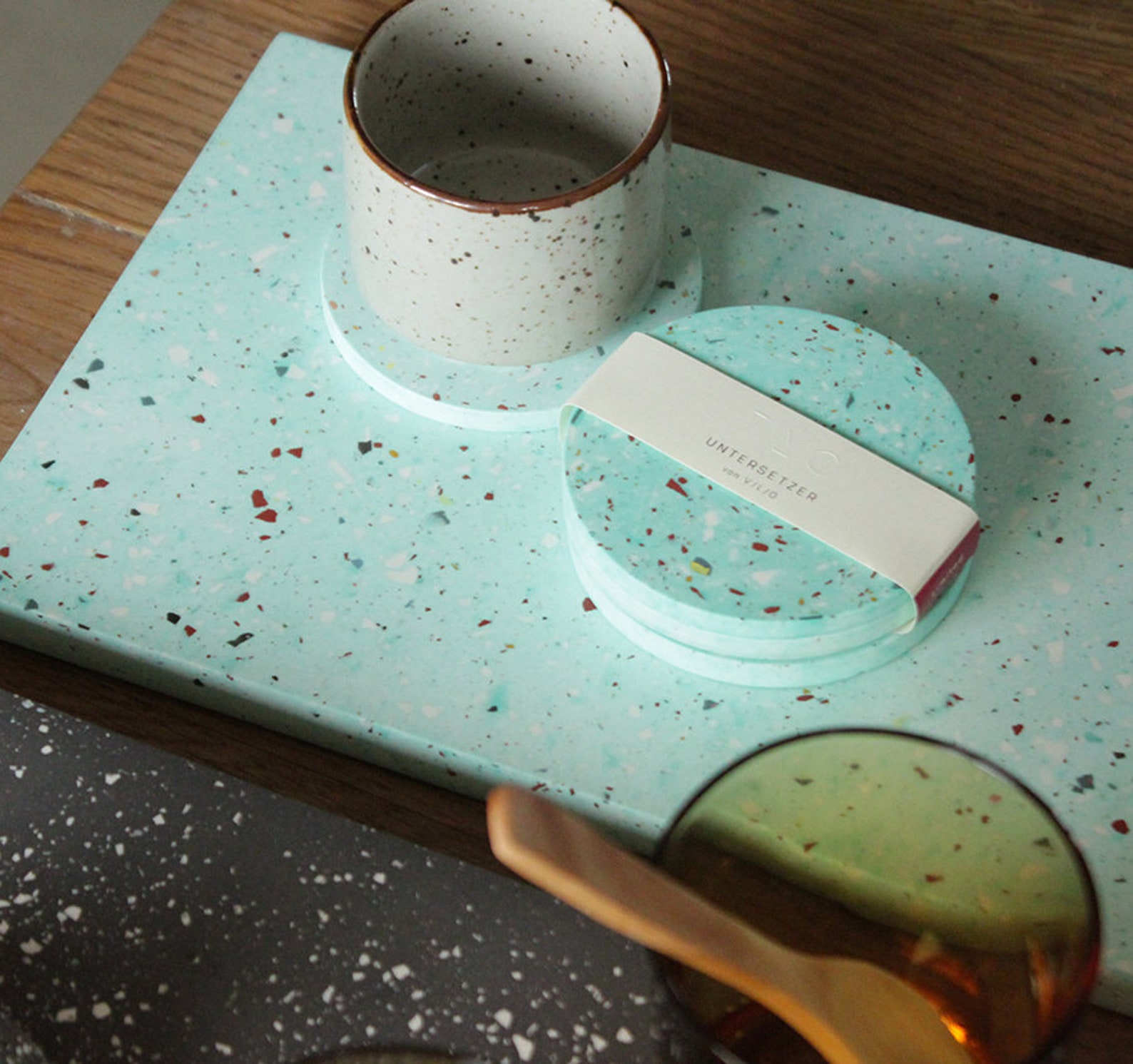 Two terrazzo coasters in turquoise coaster modern | Etsy