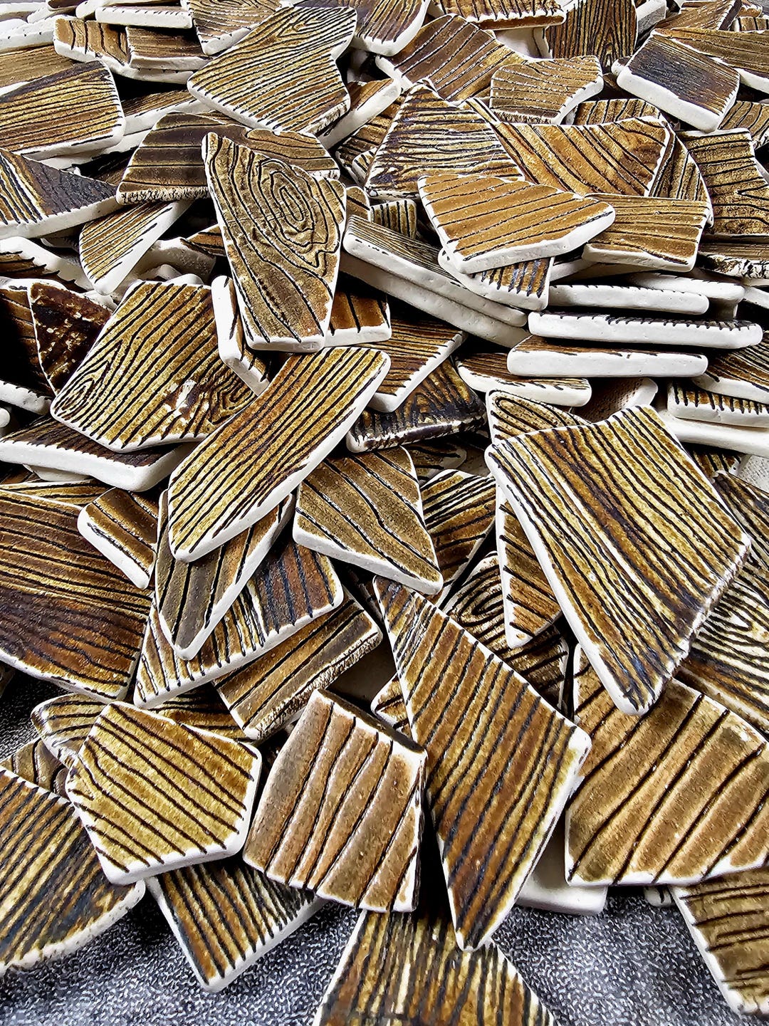 Wood Grain Pottery Shards: Brown Glaze Mosaic Tiles, Wire Wrapping - 1/ ...