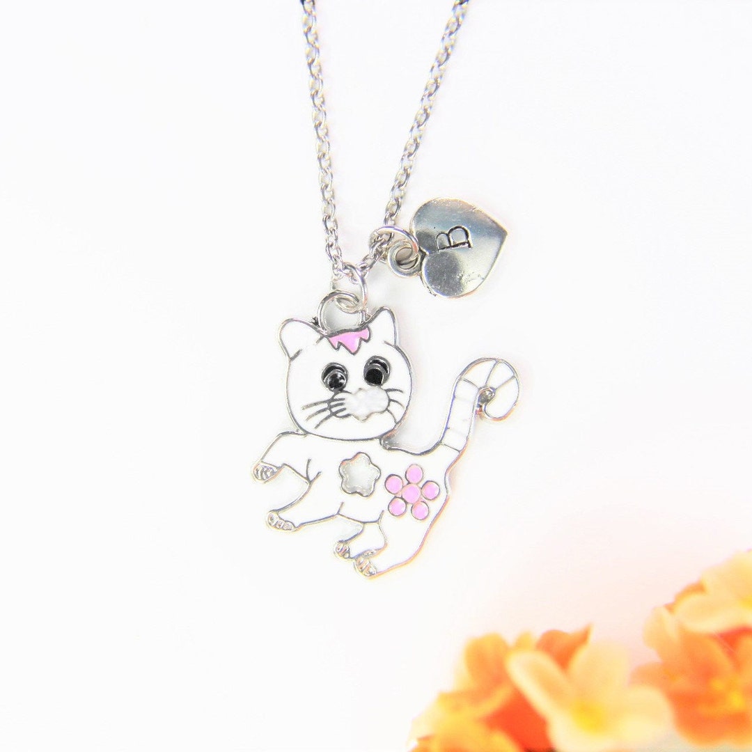 Cat Charm Silver Cat Charm Necklace Kitten Charm Cat With Flower ...