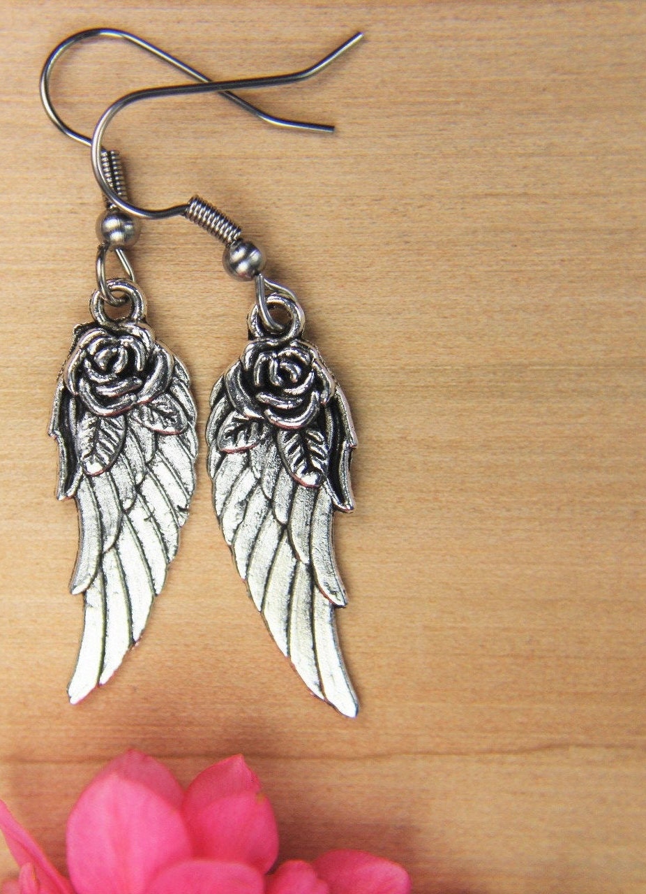 Valentine Gift Angel Wing With Flower Earrings Silver Angel | Etsy