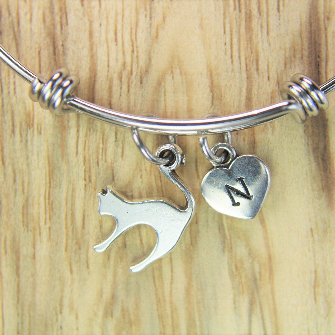 Cat Bangle Silver Cat Charm Bangle Cat Bracelet Cat Charm Bracelet Pet ...