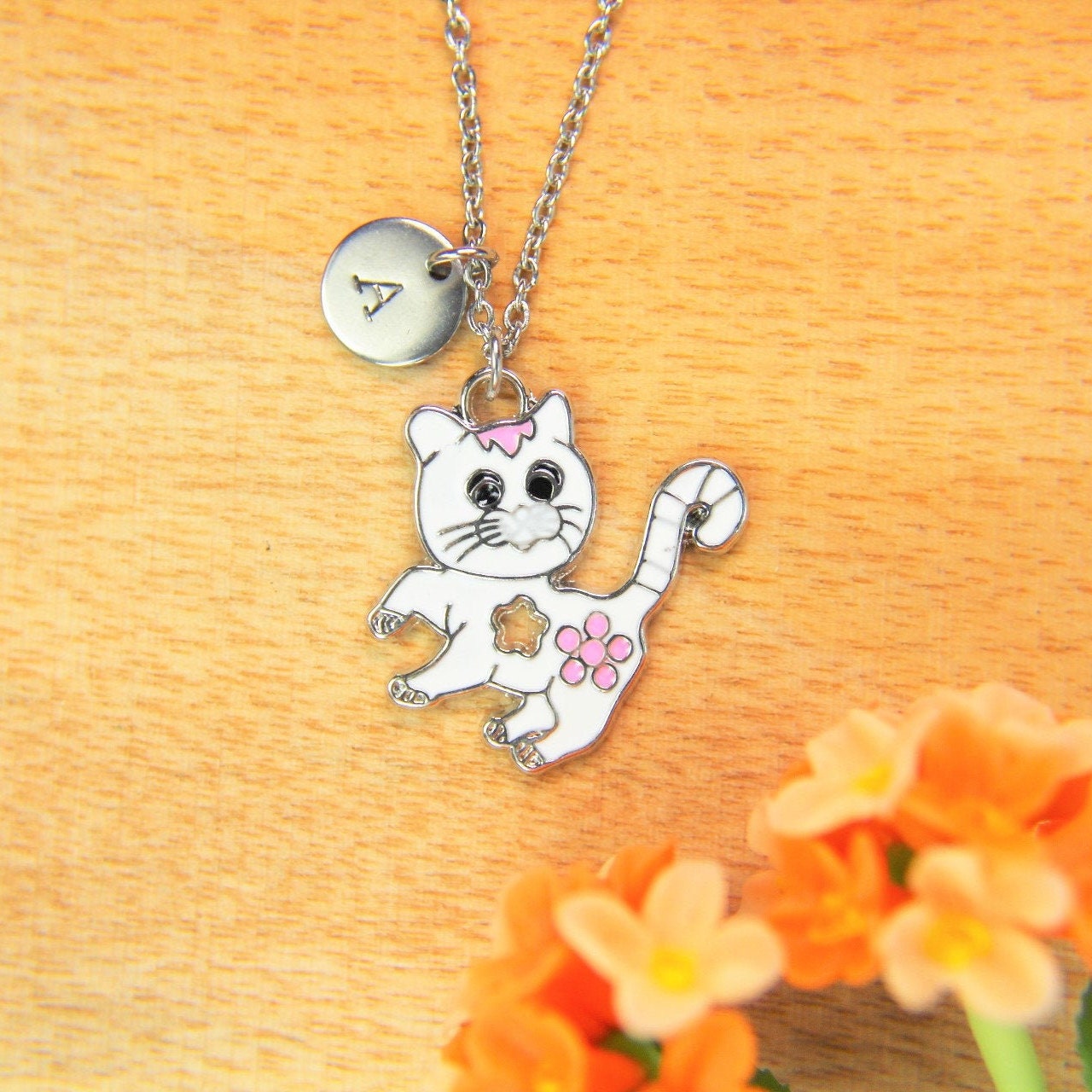 Cat Charm Silver Cat Charm Necklace Kitten Charm Cat With Flower ...