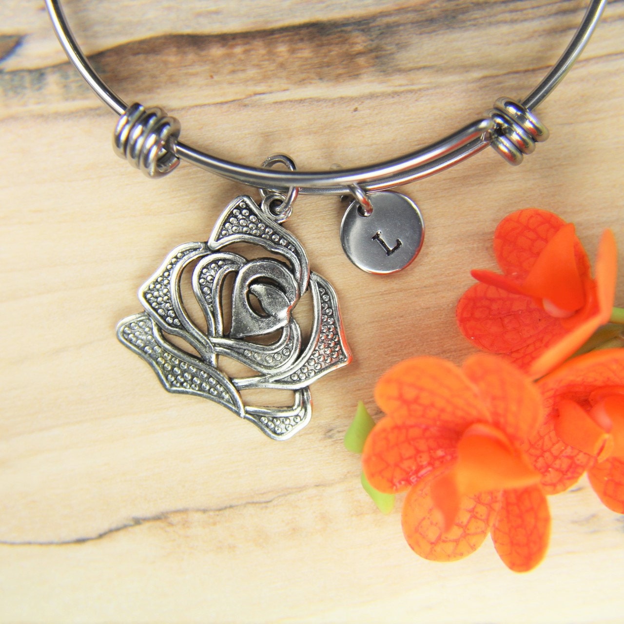 Rose Flower Bracelet Flower Charm Rose Gift Flower Bangle Rose Pendant ...