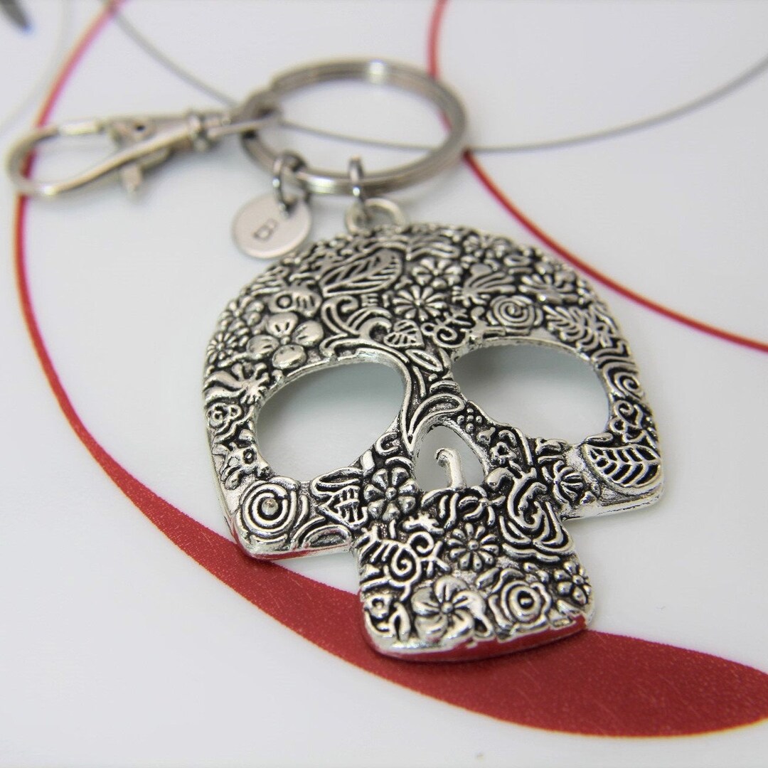 Sugar Skull Keychain Day of the Dead Charm Silver Sugar Skull Gift ...