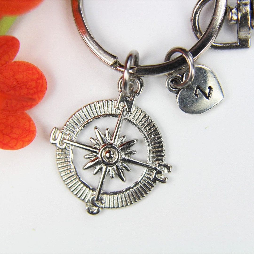 Silver Compass Charm Keychain Compass Keychain Traveler Key Ring ...