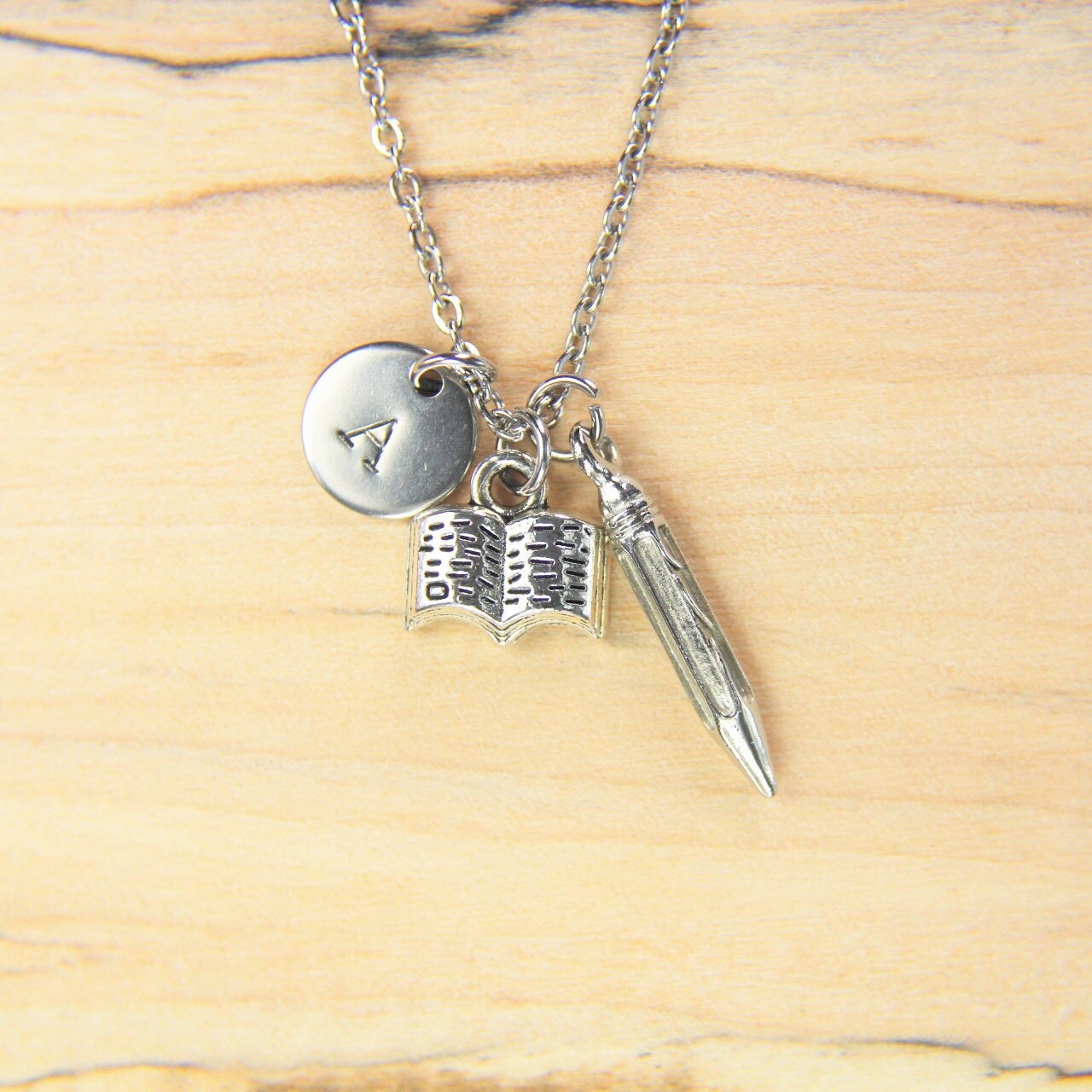 Silver Pencil With Open Book Necklace Pencil Pendant Reading Gift ...