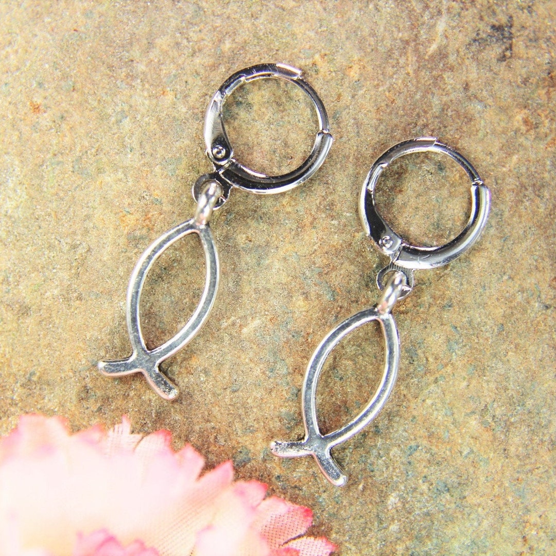 Best Christmas Gift Jesus Fish Cross Earrings Jesus Fish Pendant Jesus ...