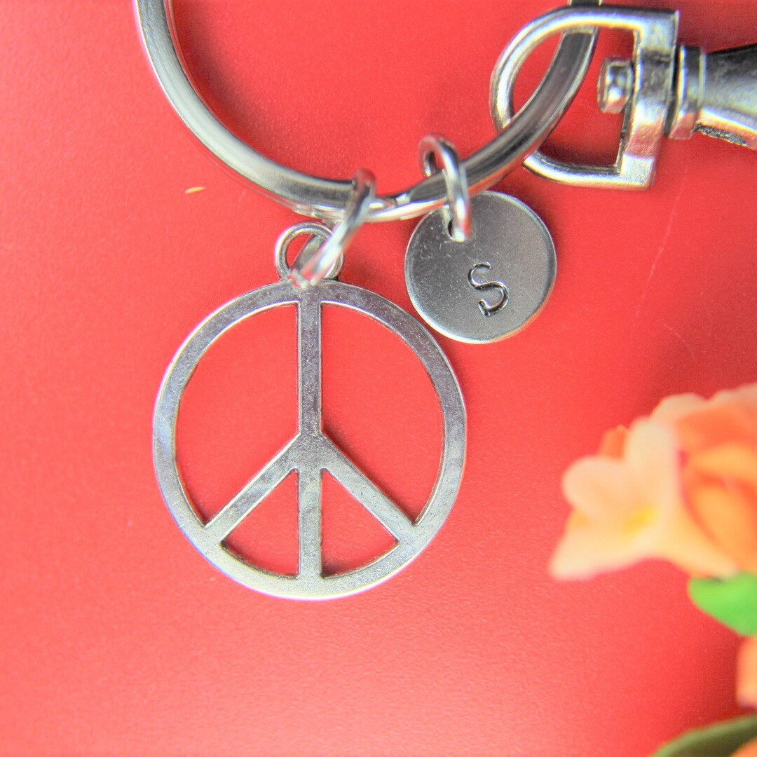 Peace Sign Charm Keychain Personalized Keychain Initial Keychain ...
