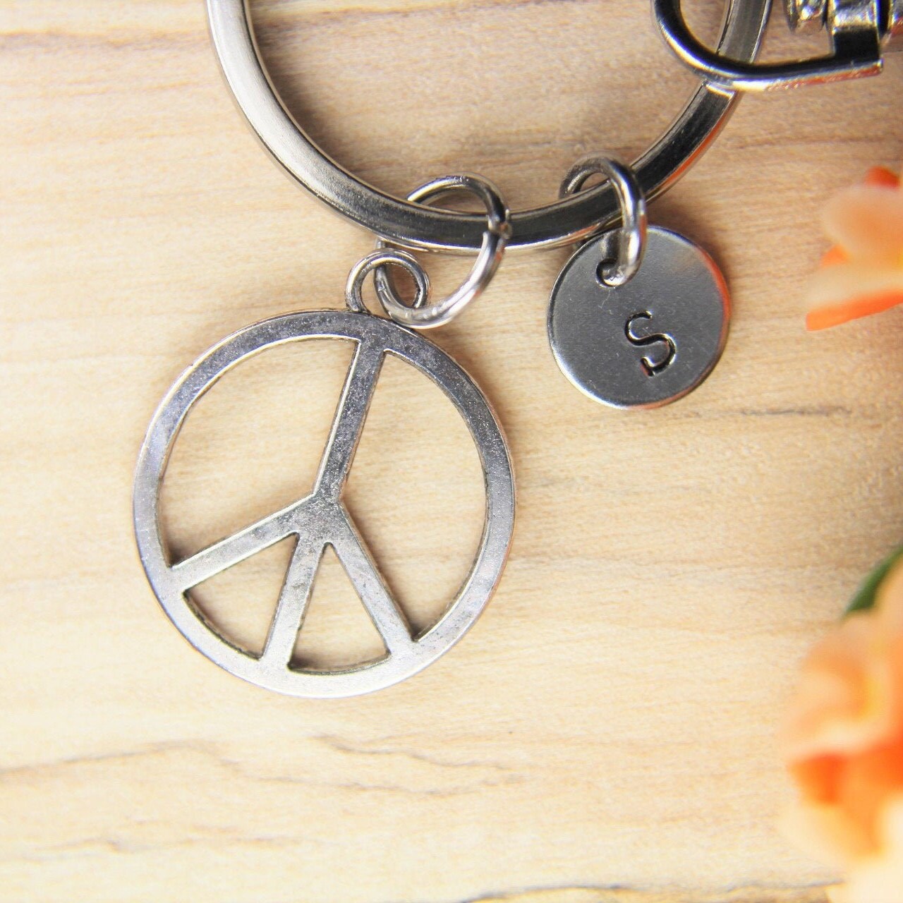 Peace Sign Charm Keychain Personalized Keychain Initial - Etsy
