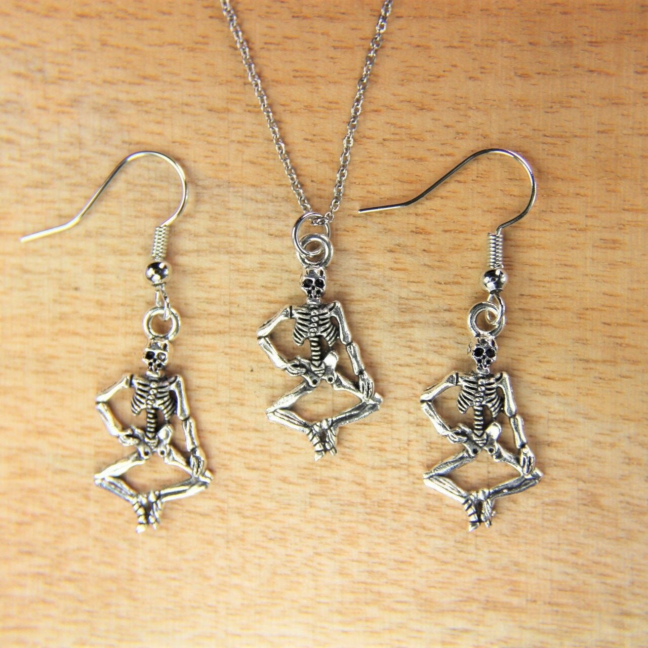Skeleton Necklace & Skeleton Earrings Set Silver Skeleton Charm ...