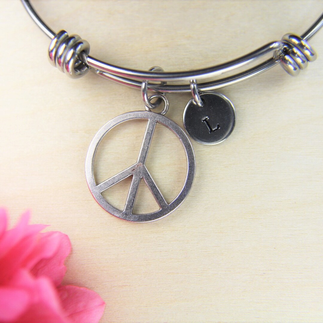 Peace Sign Bangle Peace Bracelet Peace Sign Charm Personalized Bracelet ...