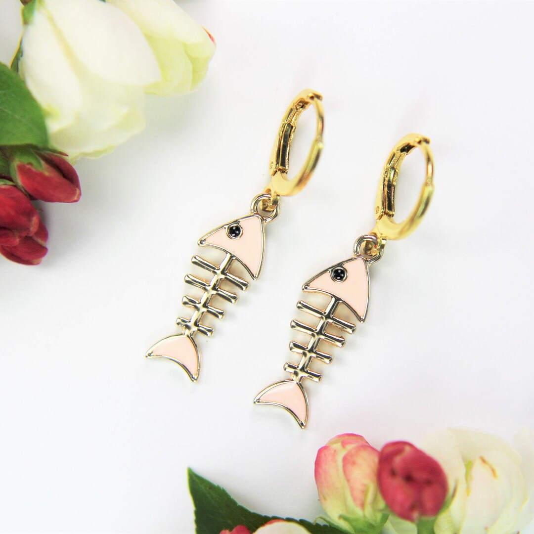 Fishbone Charm Earrings Gold Fishbone Charm Pink Fish Bone Earrings ...