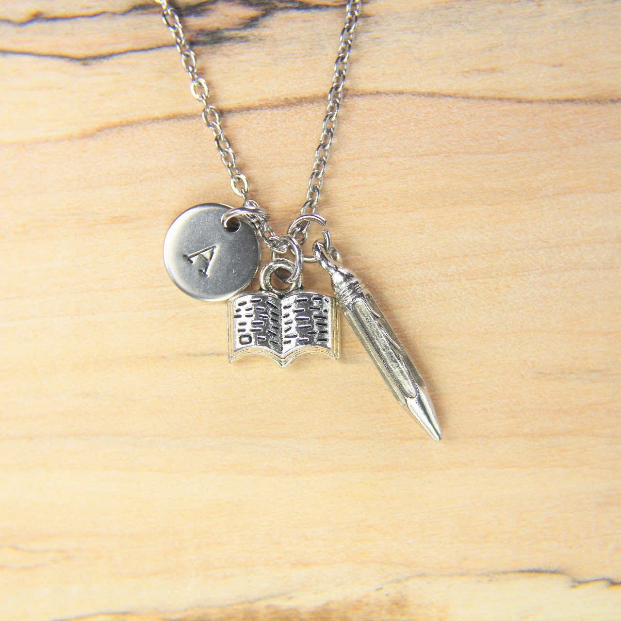 Silver Pencil With Open Book Necklace Pencil Pendant Reading Gift ...