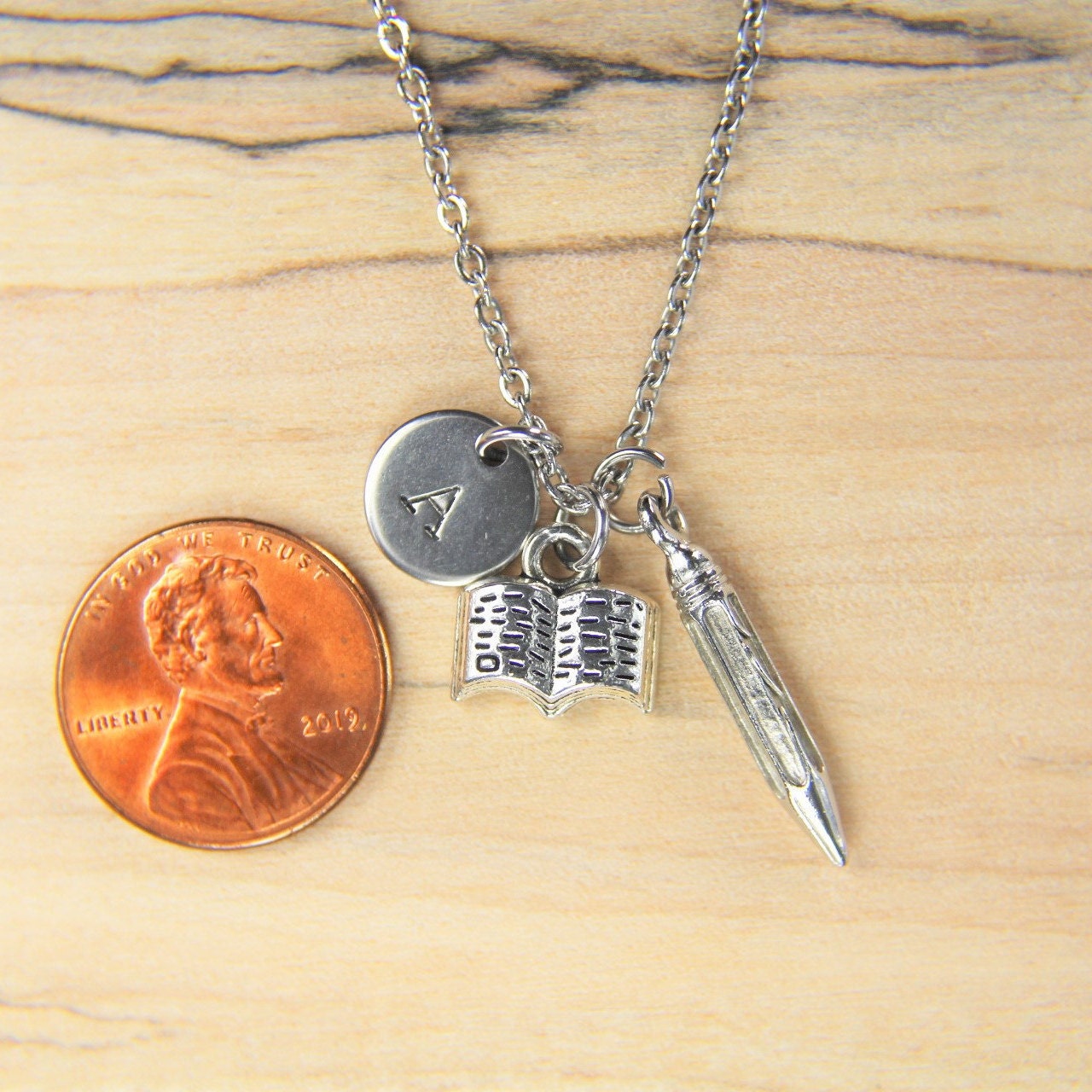 Silver Pencil With Open Book Necklace Pencil Pendant Reading Gift ...