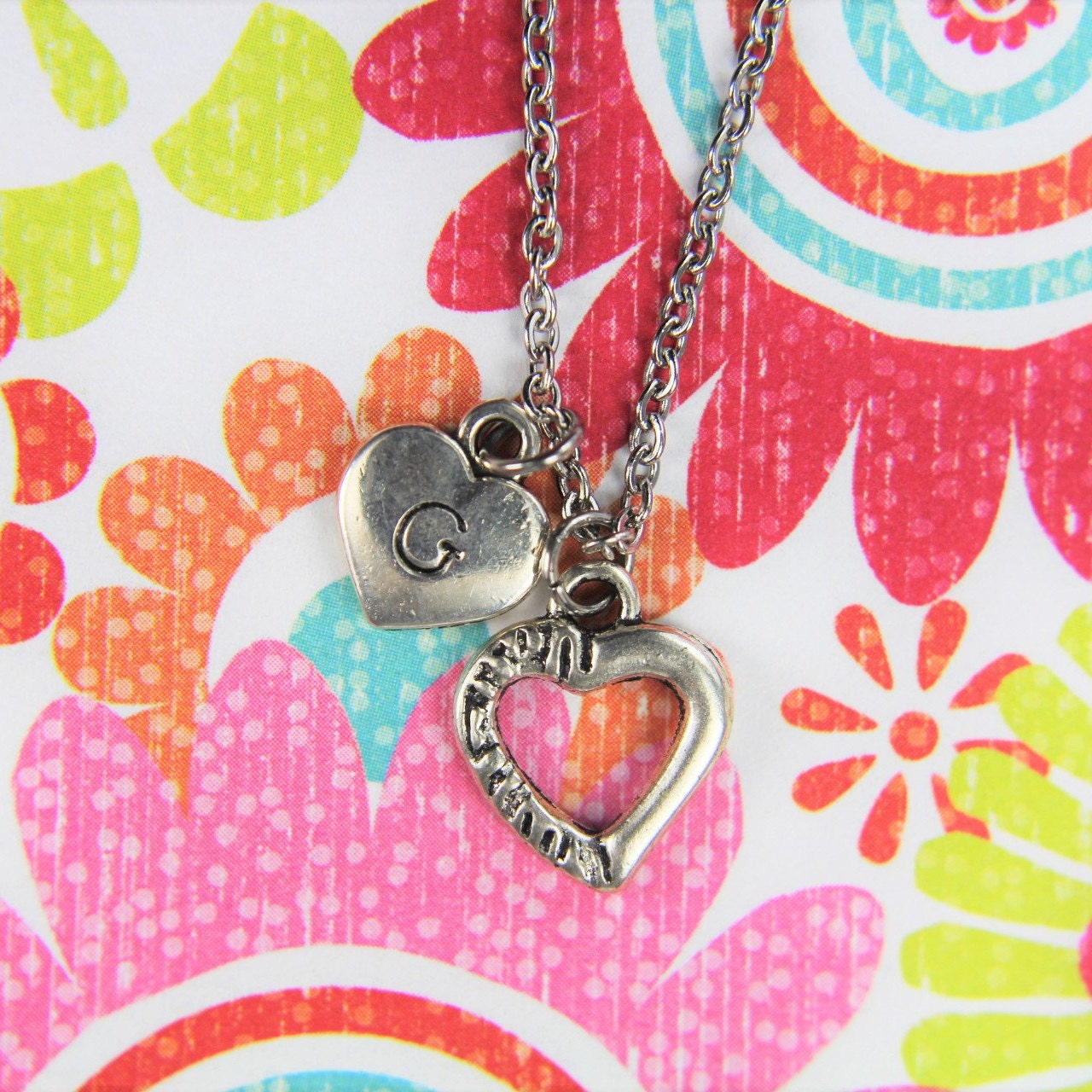 Heart Necklace Silver Heart Charm Necklace Heart Charm Valentine's Day ...