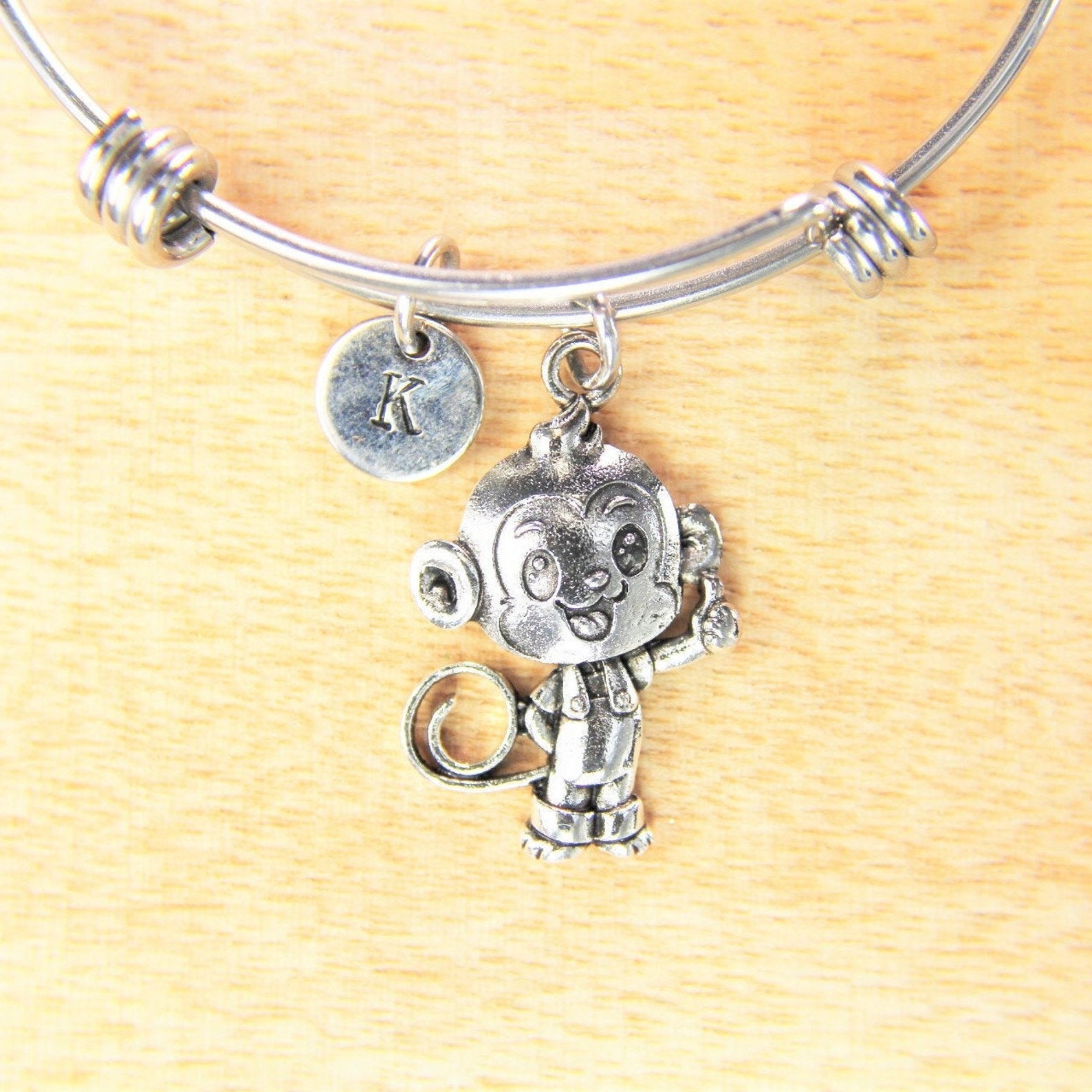 Monkey Bangle Silver Monkey Charm Bracelet Mild Monkey Gift - Etsy
