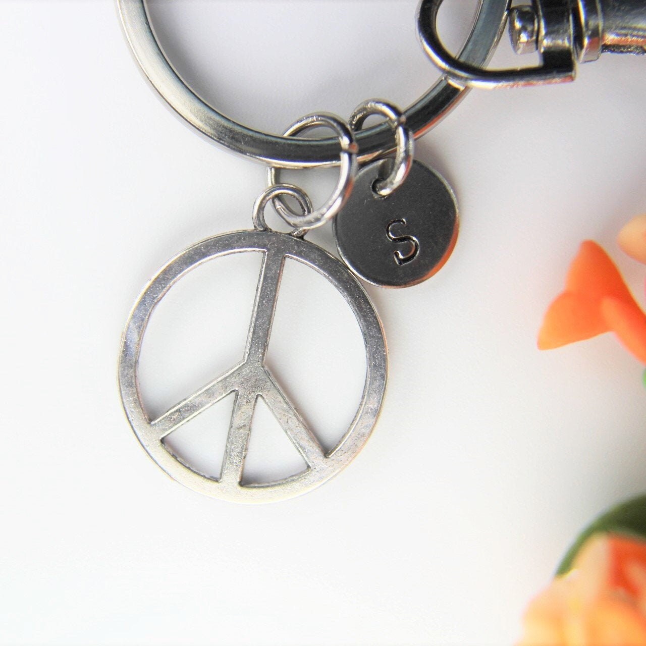 Peace Sign Charm Keychain Personalized Keychain Initial - Etsy