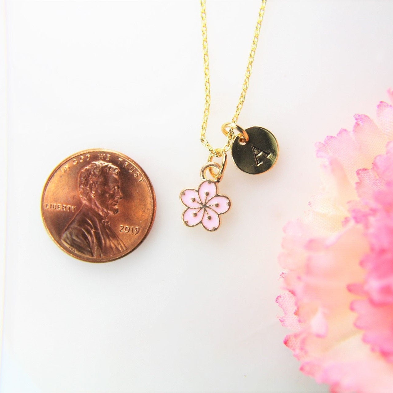 Tiny Flower Necklace Pink Cherry Blossom Charm Necklace Japanese Peach ...