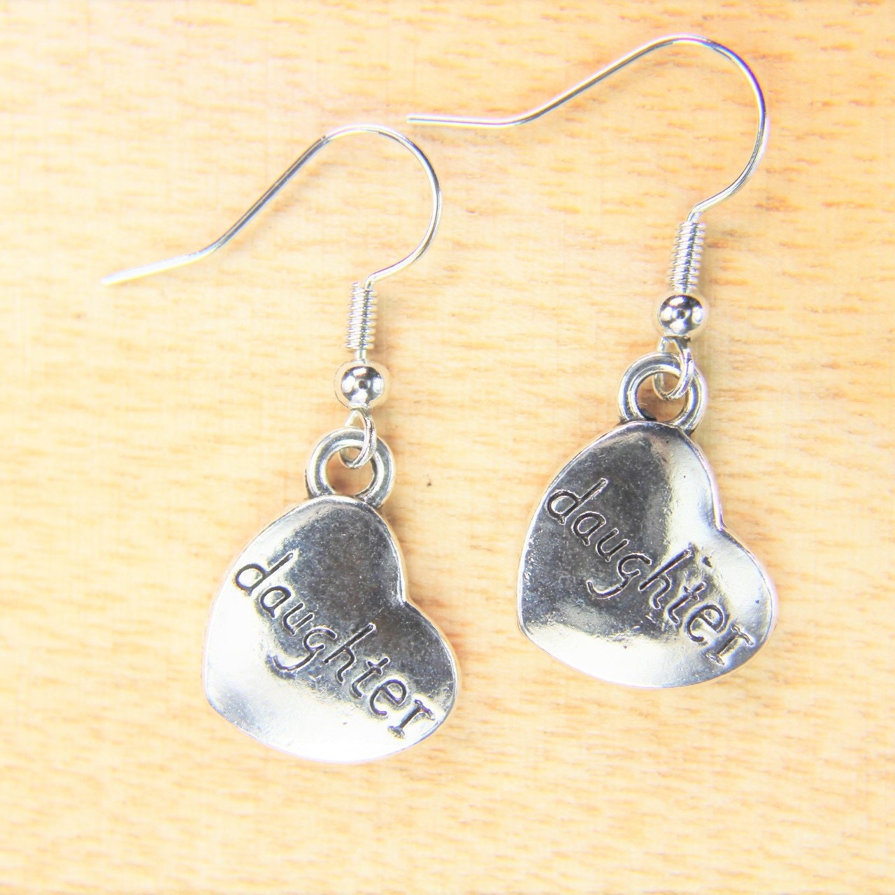 Sliver Daughter Charm Earrings Heart With Word Daughter Charm | Etsy