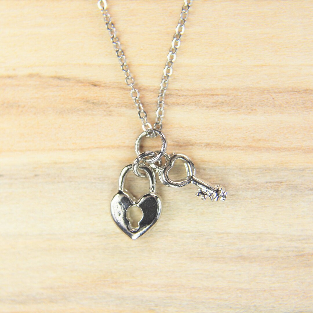 Key and Heart Lock Necklace Silver Key and Lock Charm Skeleton Key and ...